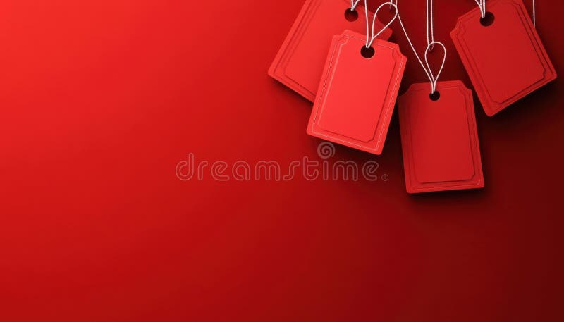 Red Price Tags Hanging Against a Vibrant Red Background Stock Image ...