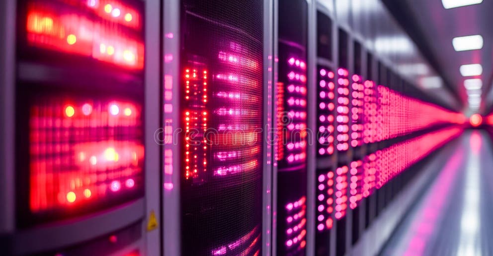 Bright Red and Purple Lights Illuminate a Corridor Filled with Rows of ...