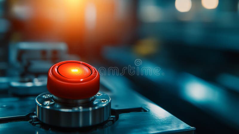 Bright Red Push Button on Industrial Control Panel with Blurred ...