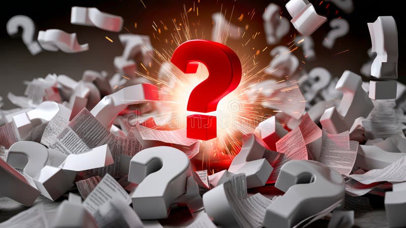 Bright Red Question Mark Surrounded by Scattered Papers with Dramatic ...