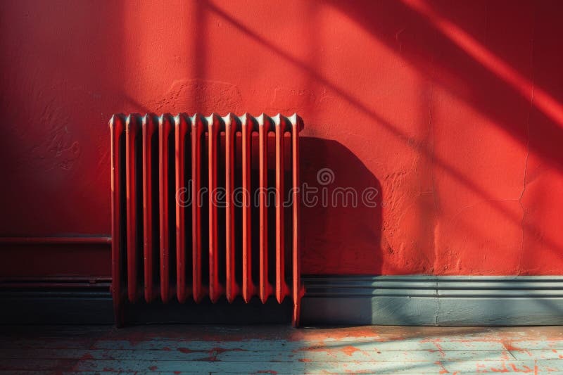 A Bright Red Radiator Sits in Front of a Red Wall, with a Bold and Eye ...