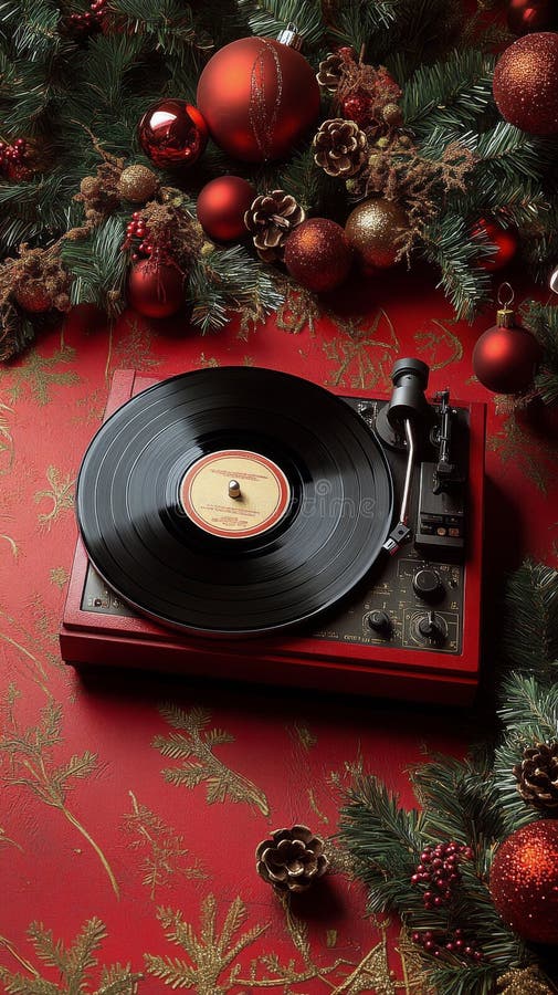 Bright Red Record Player with Festive Decorations and Holiday ...