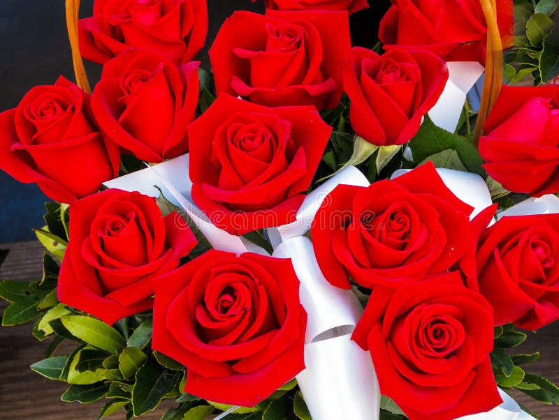 Bright red roses in basket stock image. Image of gift - 40135655