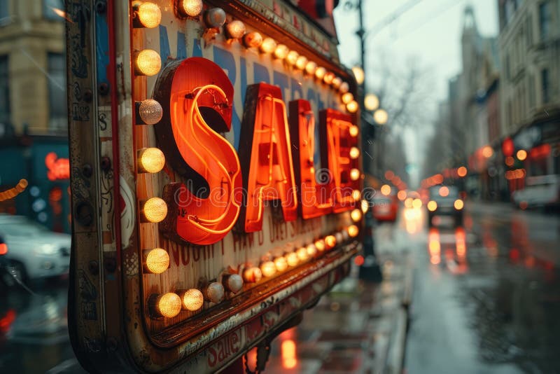 Bright Red Sale Sign with Lights Stock Illustration - Illustration of ...