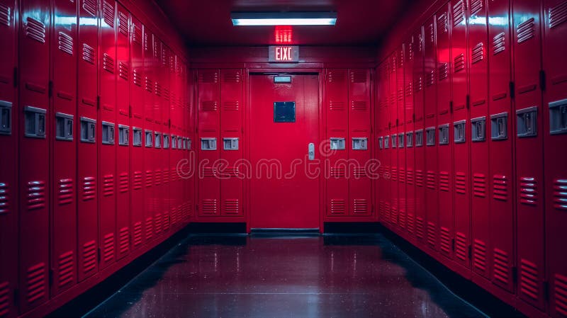 Bright Red School Hallway Lined with Lockers Leading To an Exit Door ...