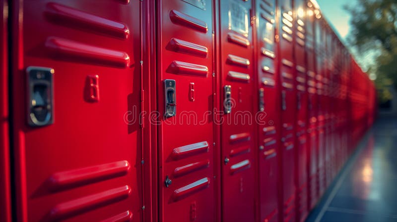 Bright Red School Hallway Lined with Lockers Leading To an Exit Door ...