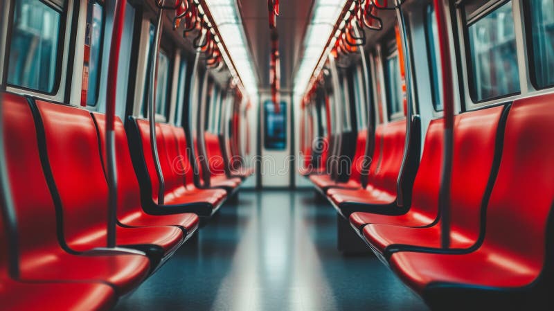 Bright Red Seats Line a Modern Subway Train Interior during Early ...
