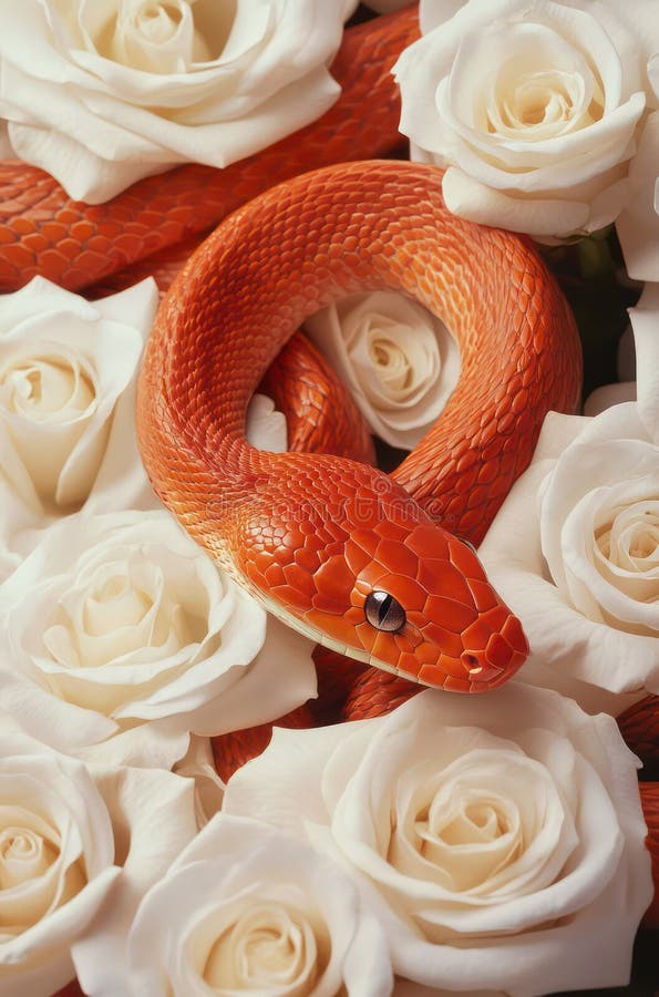 Bright Red Snake among Elegant White Roses. Stock Illustration ...