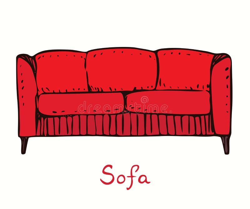 Bright Red Sofa Front View, Hand Drawn Illustration Stock Vector ...