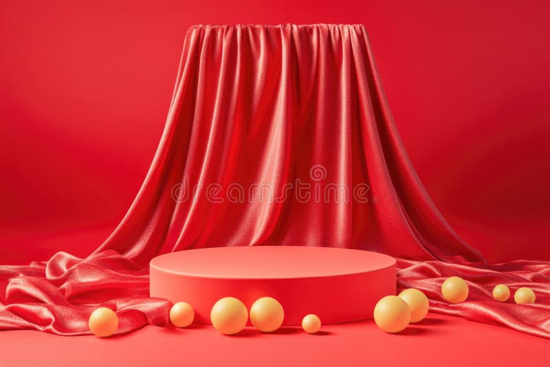 A Bright Red Stage Set Against a Backdrop of Apples, Topped with a ...