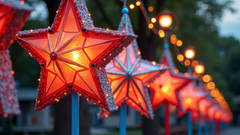 Bright Red Star Lanterns Illuminating Walkway in Evening Outdoor Setting Stock Illustration ...