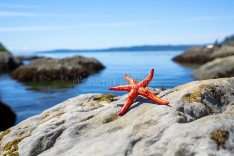 A Bright Red Starfish on a Rock by the Ocean Stock Image - Image of ...