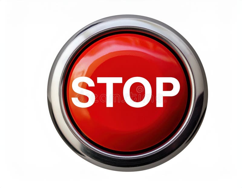 Bright Red Stop Button with Clear White Text during Daylight Stock ...