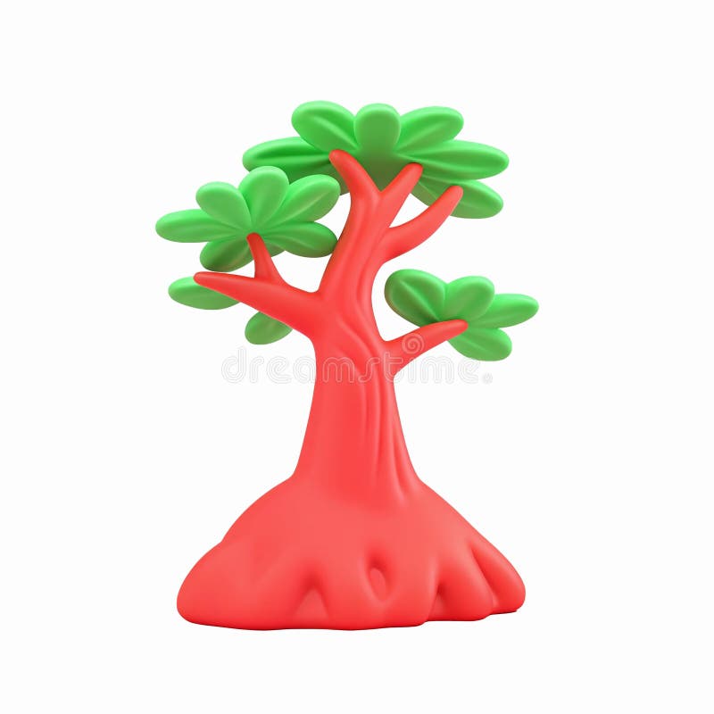Bright Red Stylized Tree with Green Leaves and Smooth Trunk on ...