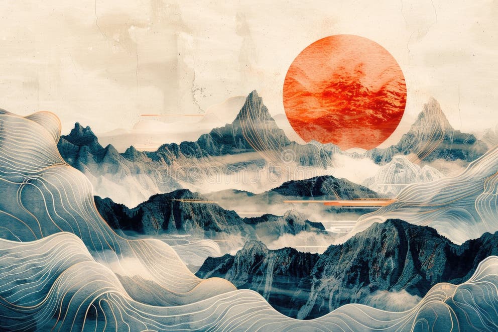 A Bright Red Sun Setting Behind a Mountain Range with Rugged Peaks and ...