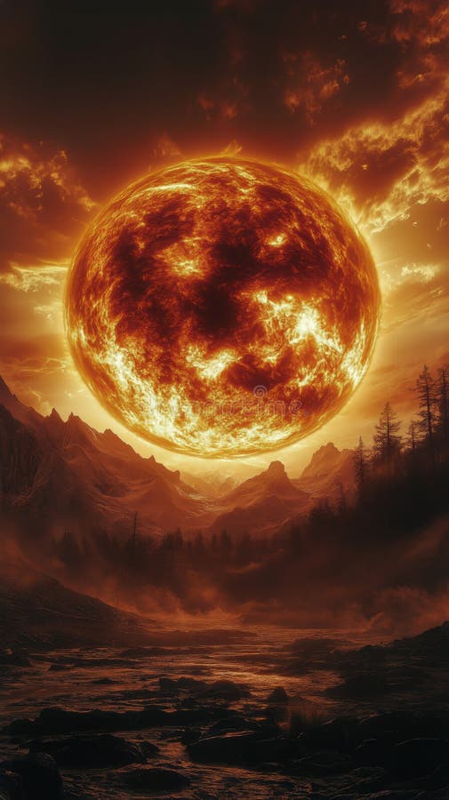 Bright Red Sun Setting Over Rocky Landscape with Dramatic Clouds in ...