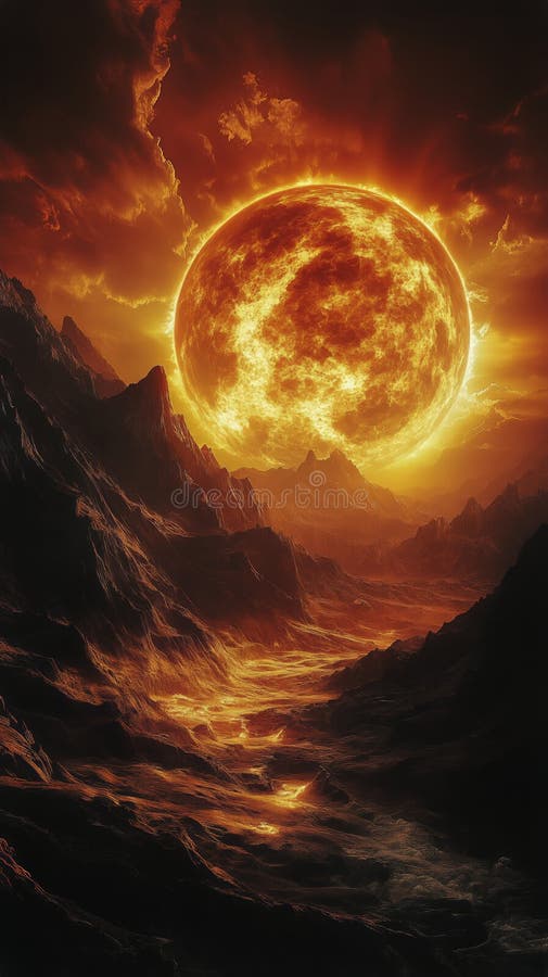 Bright Red Sun Setting Over Rocky Landscape with Dramatic Clouds in ...