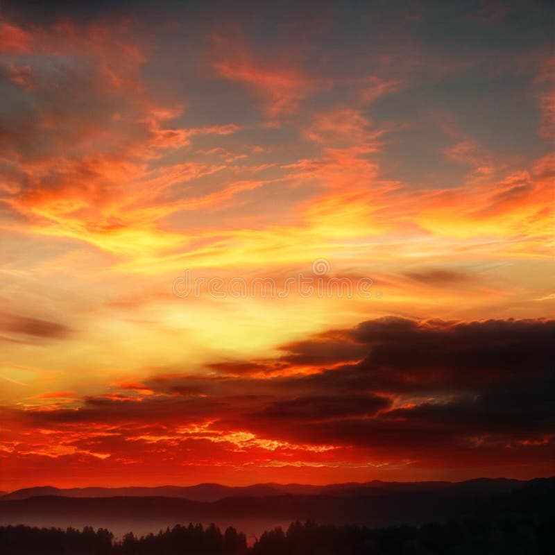 Bright Red Sunset in the Sky Over Mountains and Forest Stock Image ...