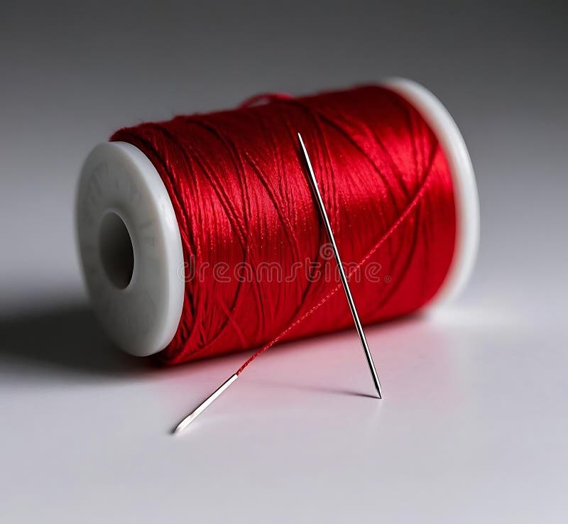 A Spool of Bright Red Thread with a Polished Metallic Needle Vertically ...