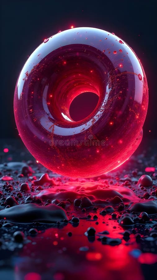 Bright Red Translucent Donut Shape Surrounded by Dark Reflective ...