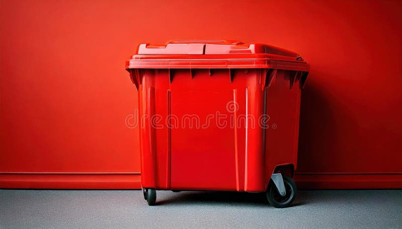 Bright Red Trash Bin Placed Against a Bold Red Wall in an Indoor ...
