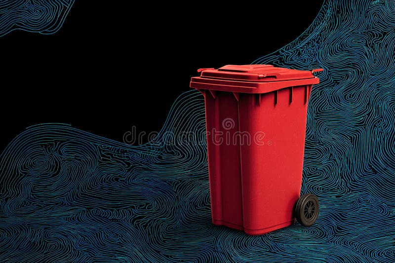 Bright Red Trash Bin Stands Alone Against a Wave of Blue Lines on a ...