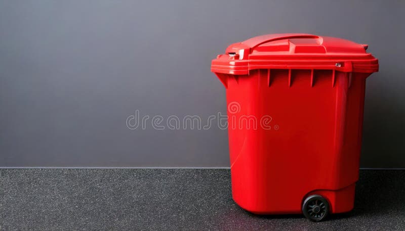 Bright Red Trash Bin Positioned Against a Dark Gray Wall in an Indoor ...