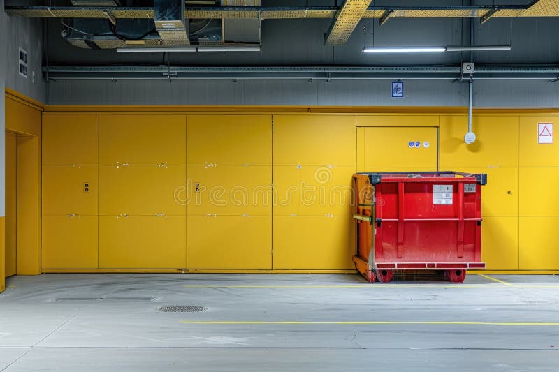 A Bright Red Trash Can Sits on the Floor of a Yellow Room Stock Photo ...
