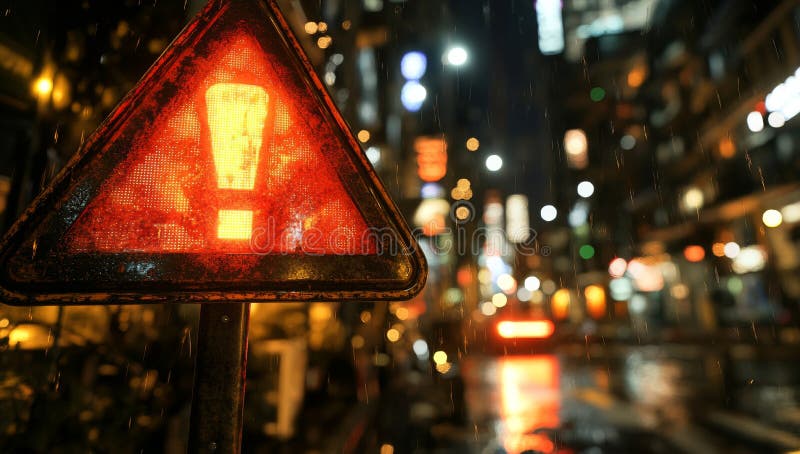 A Bright Red Triangle with an Exclamation Point, Illuminated in Neon ...