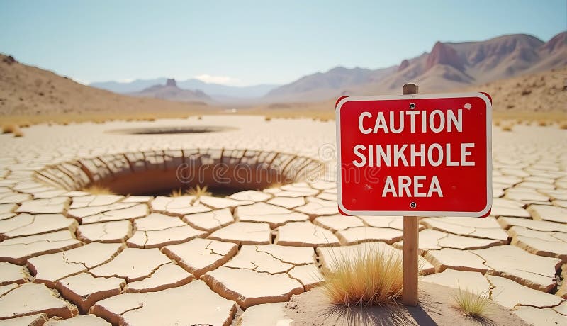 A Bright Red Triangular Caution Sinkhole Area Sign in a Dry, Cracked ...