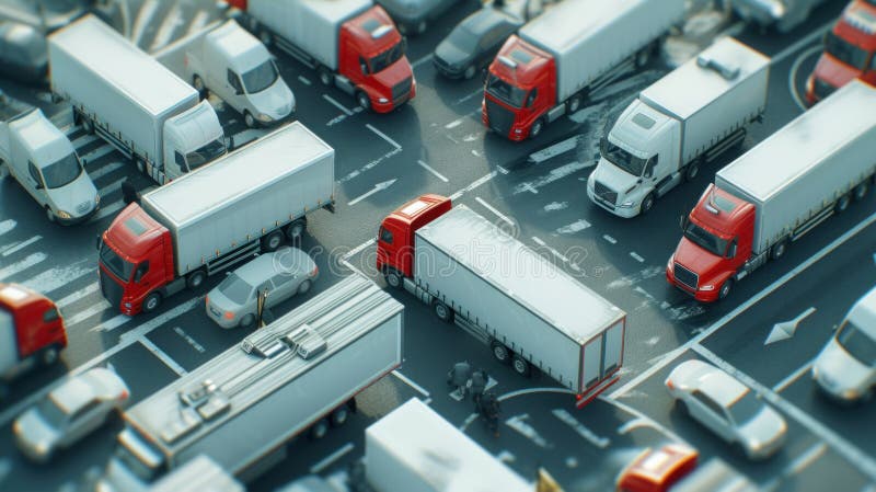 A Red Truck Drives through a Busy Intersection of White Trucks Stock ...
