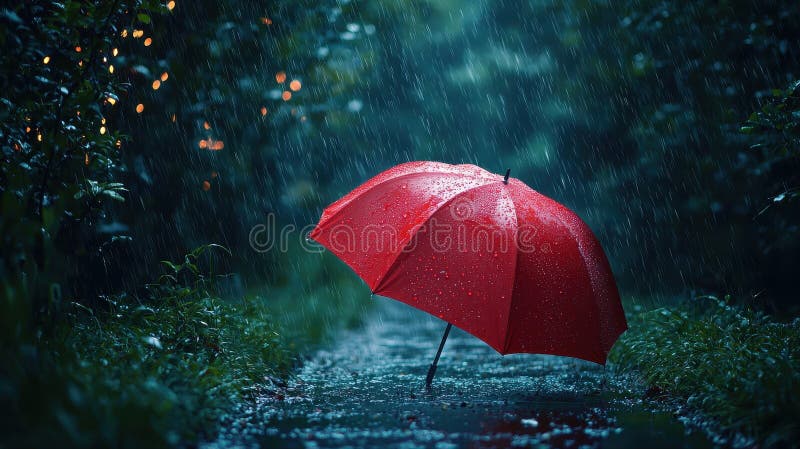 Bright Red Umbrella Open in the Rain Against a Backdrop of Wet Surfaces ...