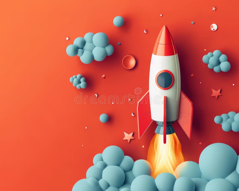 Bright Red and White Rocket Launches through Blue Clouds on a Vibrant ...