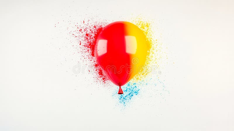 Bright Red and Yellow Balloon Exploding with Colorful Powder on White ...