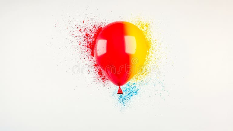 Bright Red and Yellow Balloon Exploding with Colorful Powder on White ...