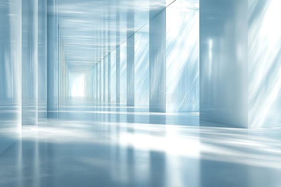 A Bright, Reflective Corridor with White Columns in a Modern ...
