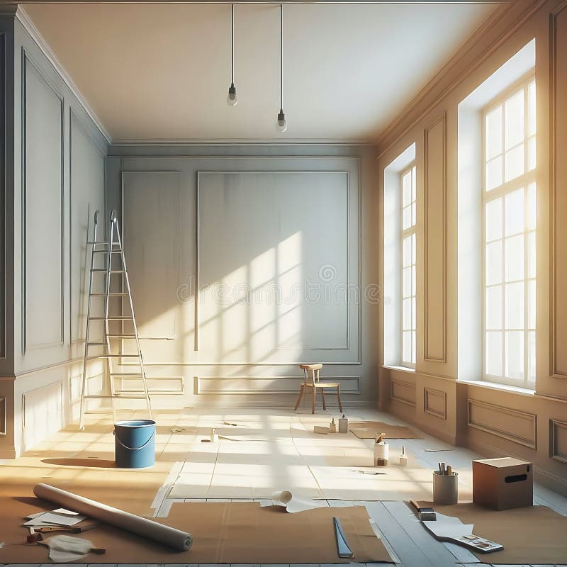 Renovated Room with Large Windows. Painter S Ladder, Paint Bucket and ...