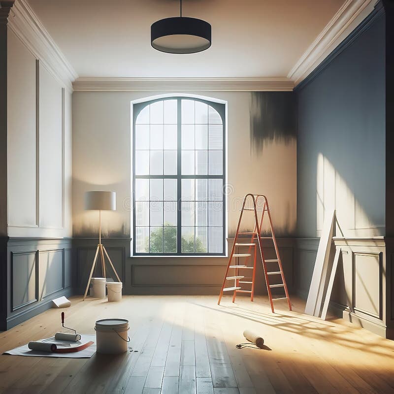 Renovated Room with Large Windows. Painter S Ladder, Paint Bucket and ...
