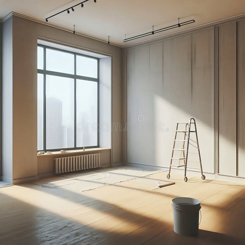 Renovated Room with Large Windows. Painter S Ladder, Paint Bucket and ...