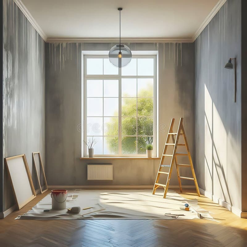 Renovated Room with Large Windows. Painter S Ladder, Paint Bucket and ...