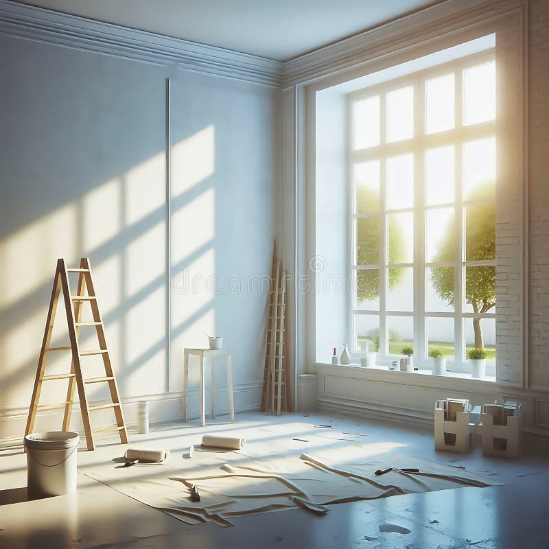 Renovated Room with Large Windows. Painter S Ladder, Paint Bucket and ...