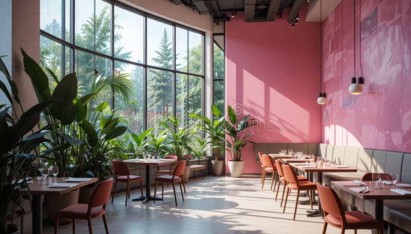 Bright Restaurant with Forest Views and Pink Accents Stock Image ...