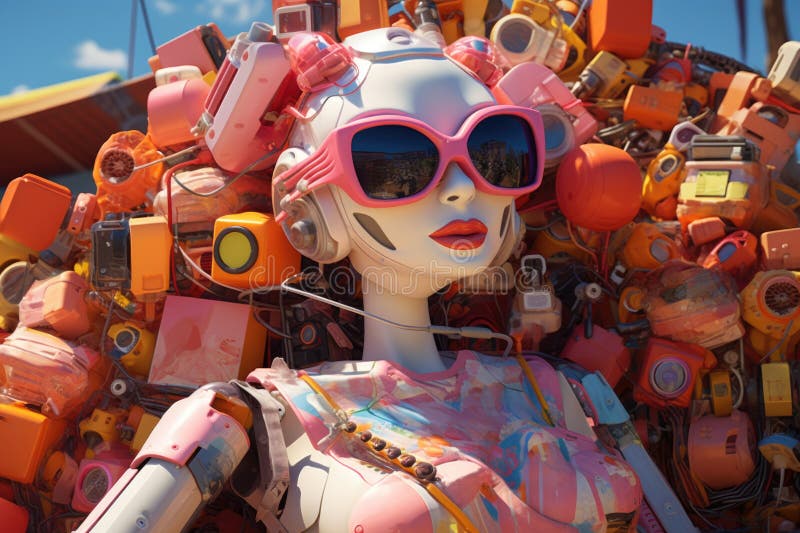 A Bright Robot with Glasses is Resting on a Chaise Longue by the Sea ...