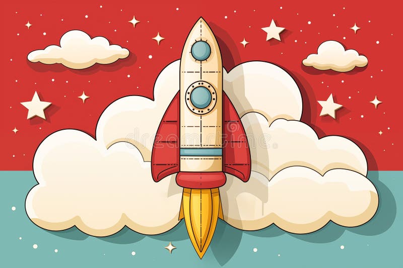 Bright Rocket in Cartoon Style Soaring among Clouds and Stars. Stock ...