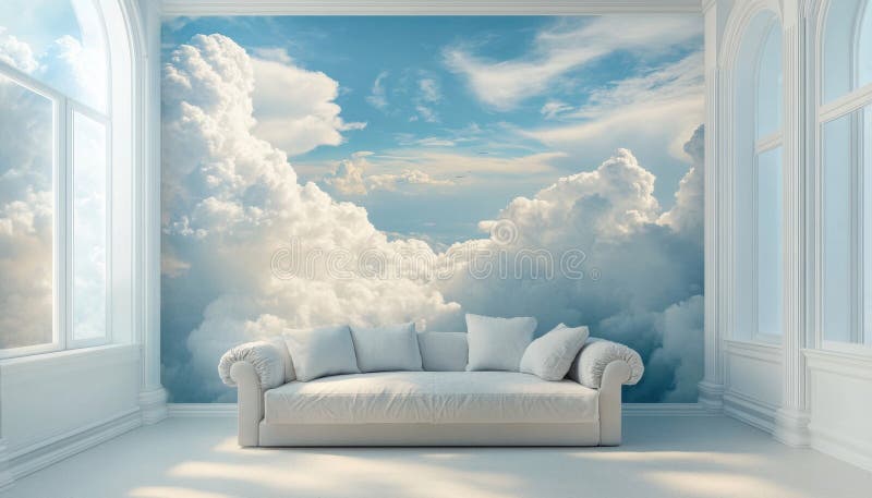 Bright Room with a Cloud Mural and a Comfortable Sofa in a Modern ...