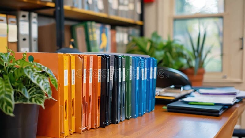 A Bright Room Features a Row of Colorful Folders and Plants on a Desk ...