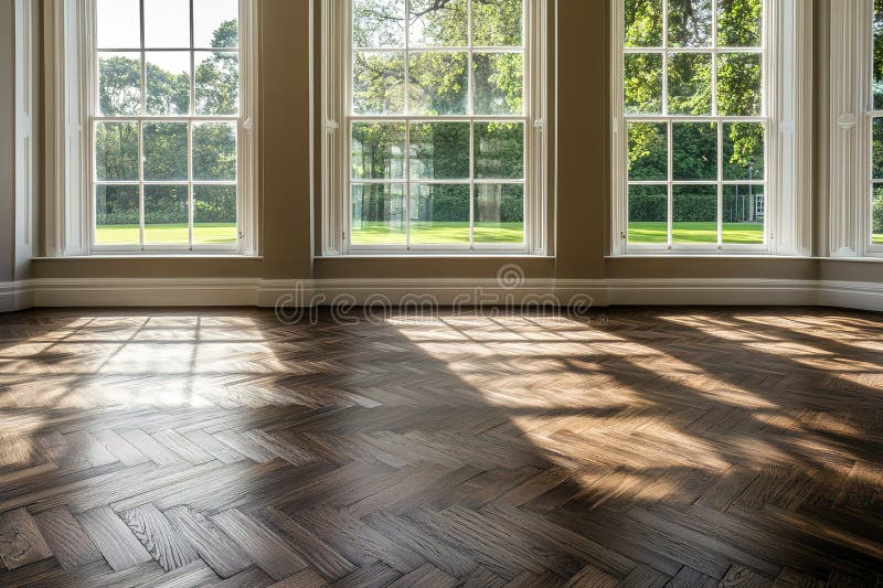 Bright Room with Herringbone Wood Floor, White Framed Windows & Nature ...