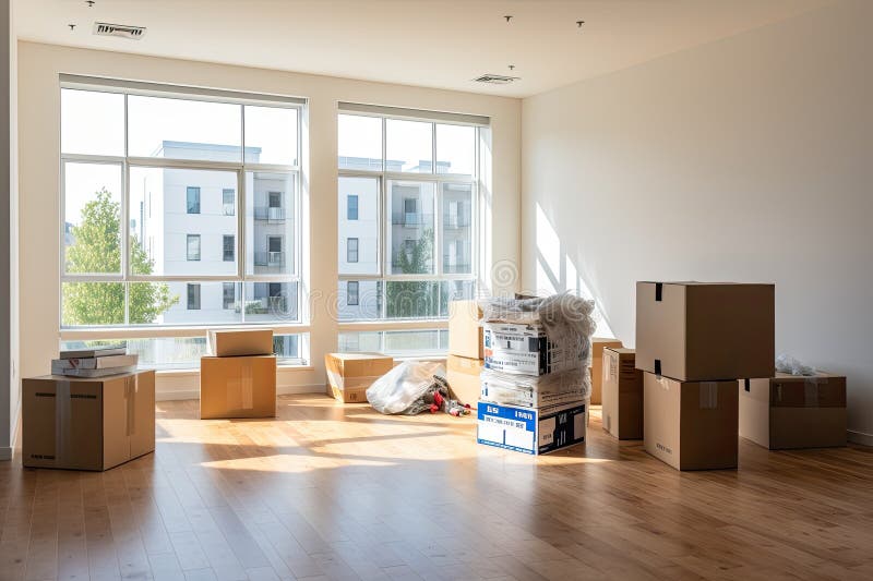 Bright Room with Large Windows and Boxes Full of Stuff Stock Photo ...