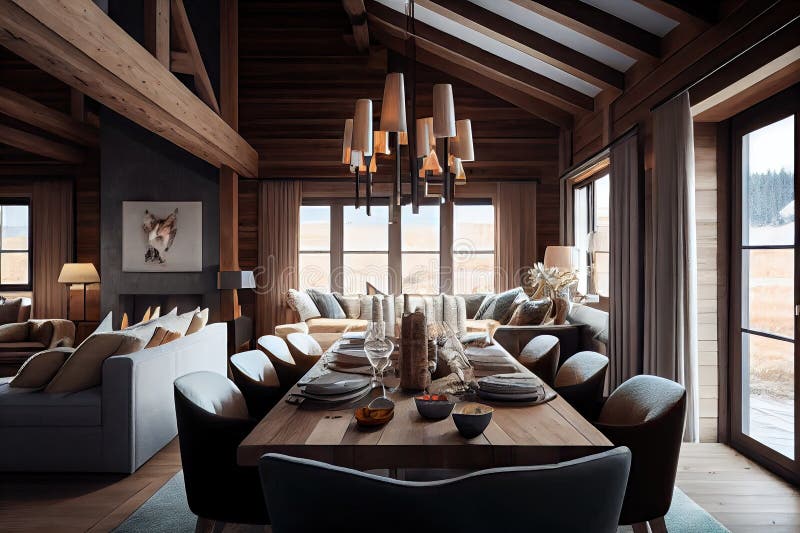 Bright Room with Sofas and Big Dining Table on Chalet Against Wall ...