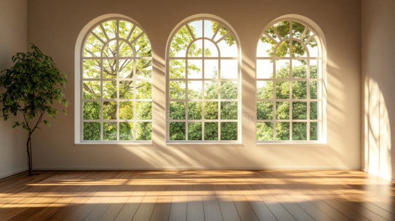 Bright Room with Three Arch Windows and Sunlight Stock Illustration ...